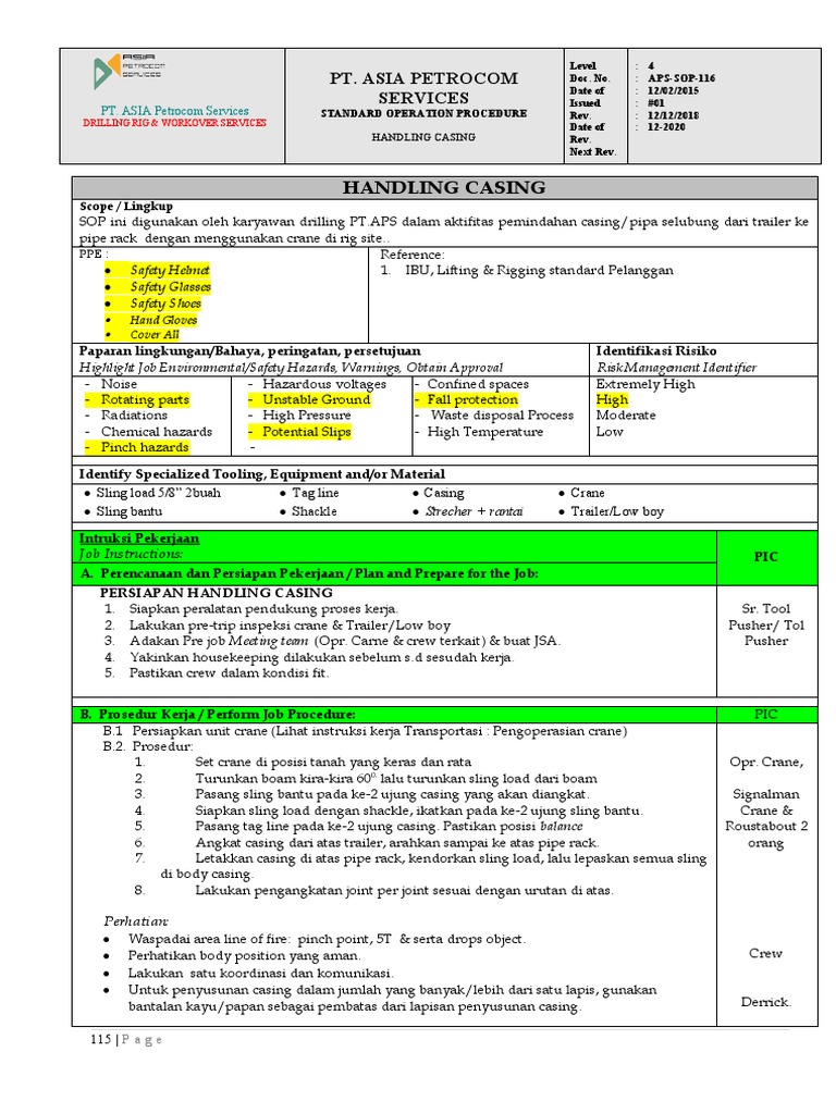 116.SOP - Handling Cassing (Drilling) | PDF