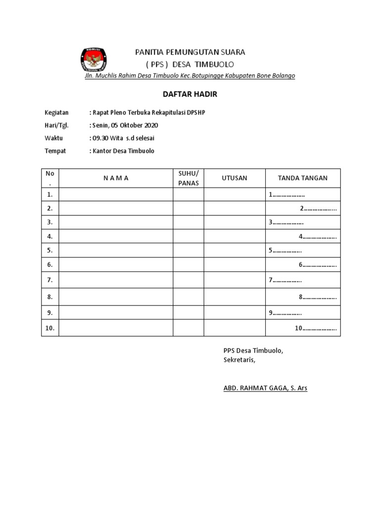 Contoh Daftar Hadir Pleno PPS | PDF