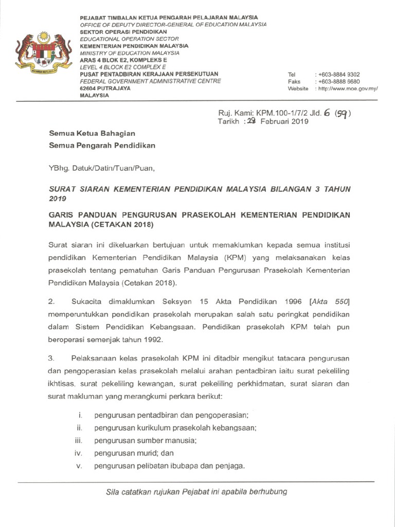 Lampiran - Surat Siaran Buku Panduan Pengurusan Prasekolah | PDF Lampiran - Surat Siaran Buku Panduan Pengurusan Prasekolah | PDF