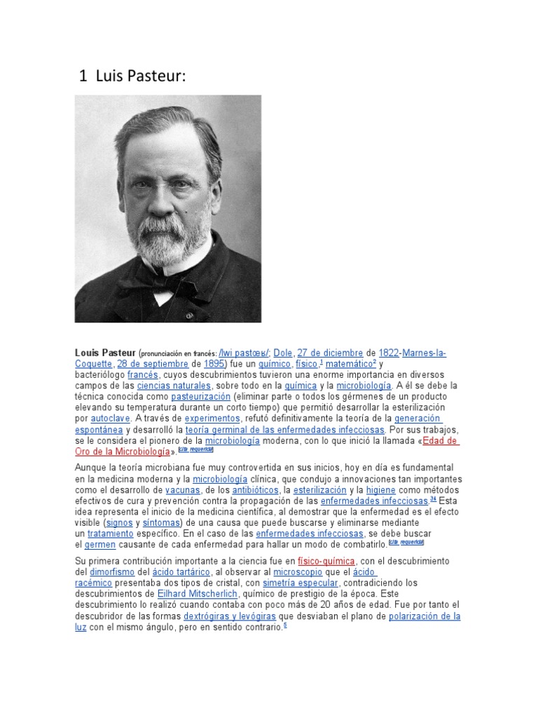 Biografía y descubrimientos de Louis Pasteur | PDF | Luis Pasteur ...