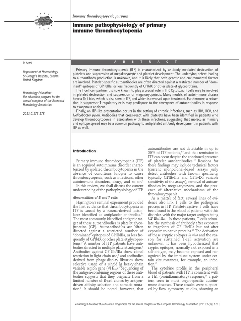 Immune Thrombocytopenic Purpura 1 Immune Pathophysiology of Primary ...