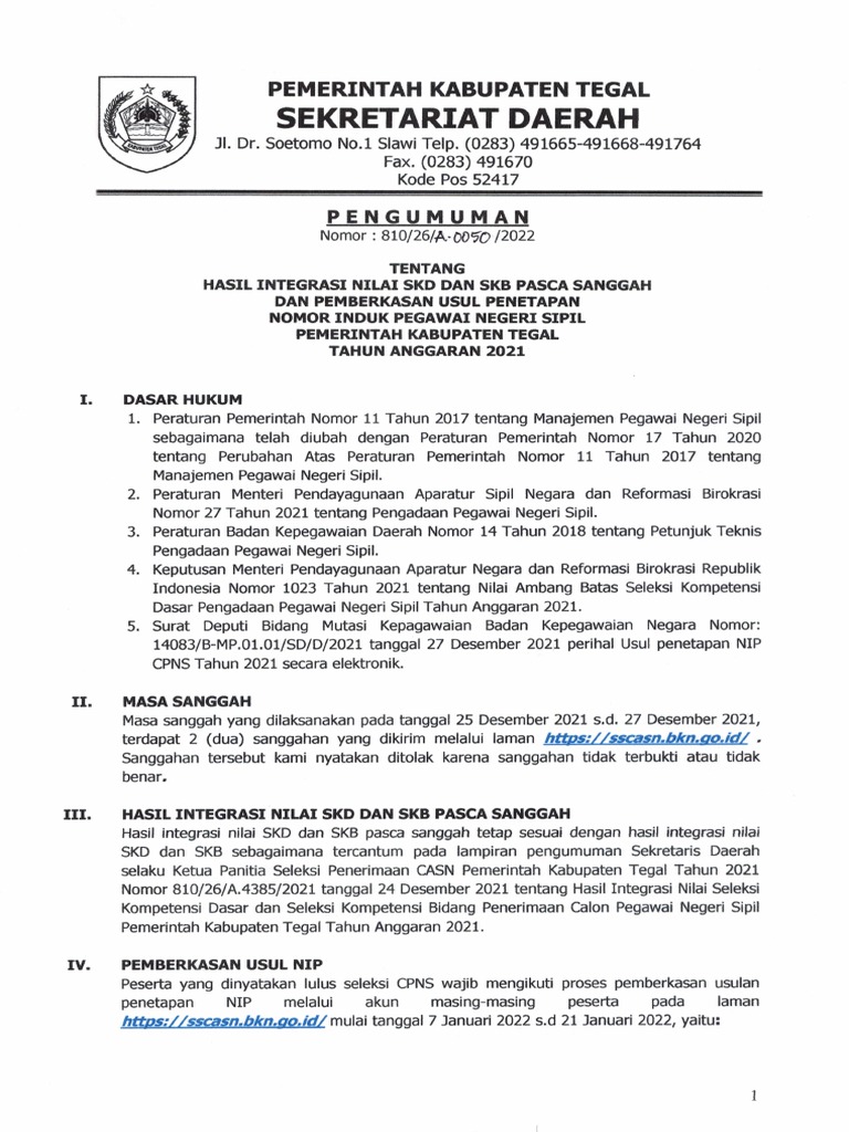 Pengumuman Hasil Nilai SKD Dan SKB Pasca Sanggah Dan Usul NIP CPNS 2021 | PDF