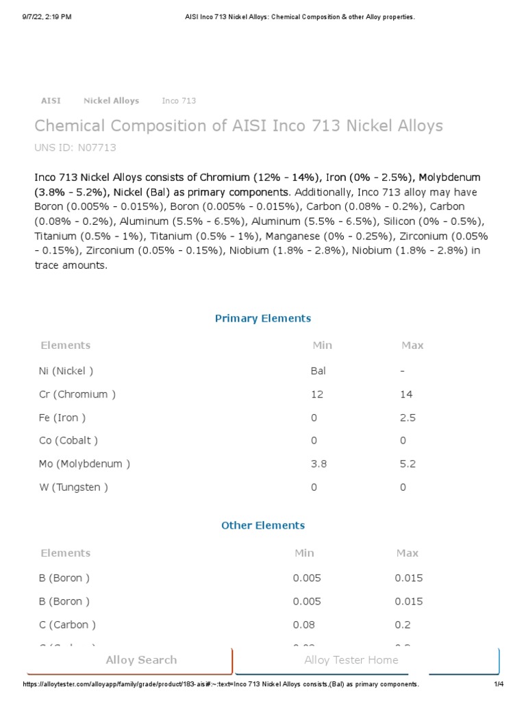 AISI Inco 713 Nickel Alloys - Chemical Composition & Other Alloy ...
