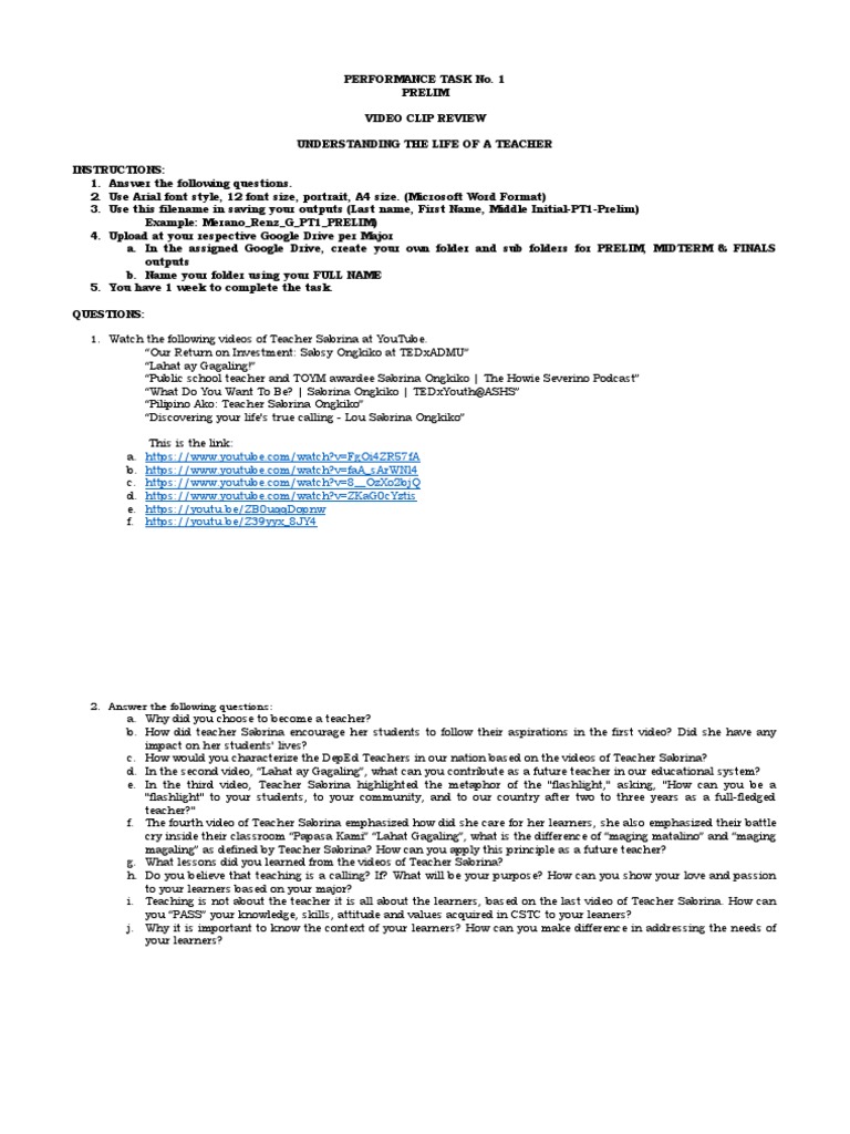 Performace Task No. 1 Prelim | PDF | Teachers | Learning
