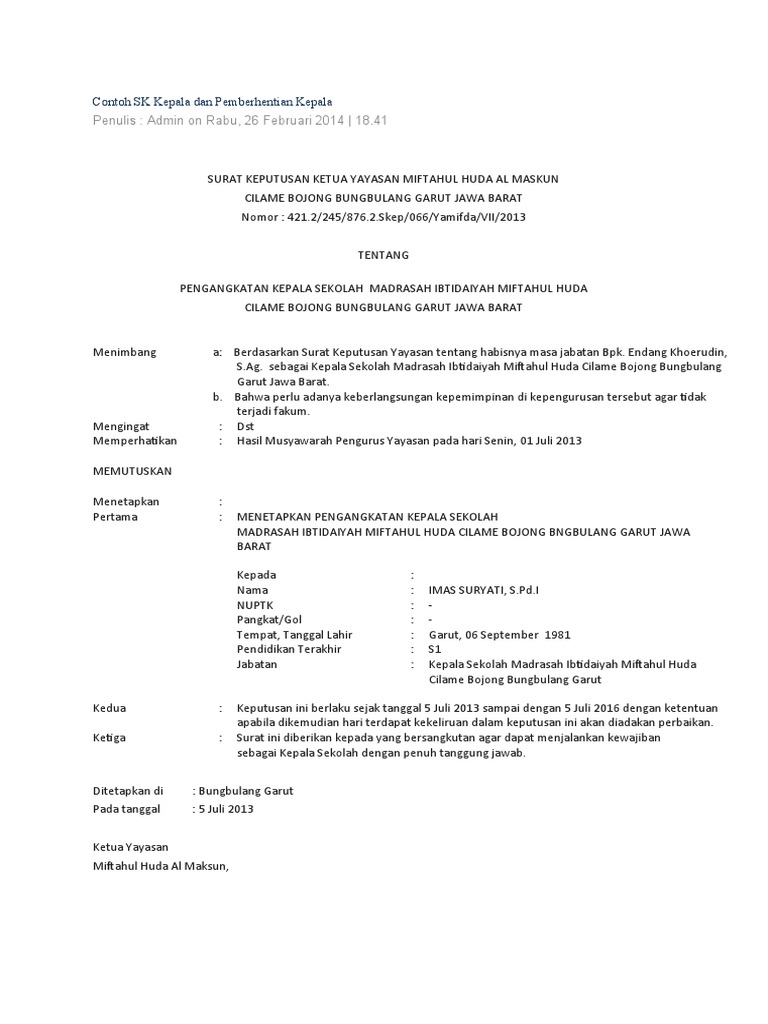 Contoh SK Kepala Dan Pemberhentian Kepala | PDF