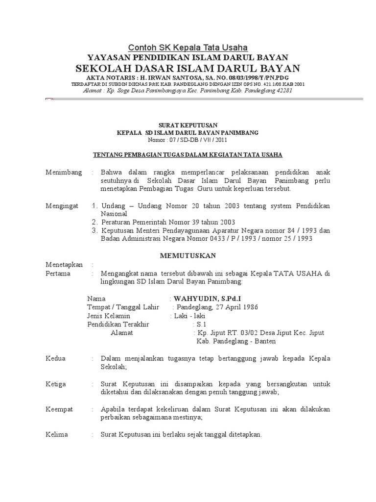 Contoh SK Kepala Tata Usaha | PDF