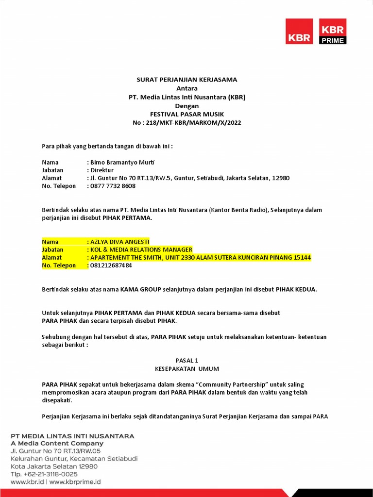 Draft SPK Perjanjian Kerjasama KBR & Festival Pasar Musik | PDF