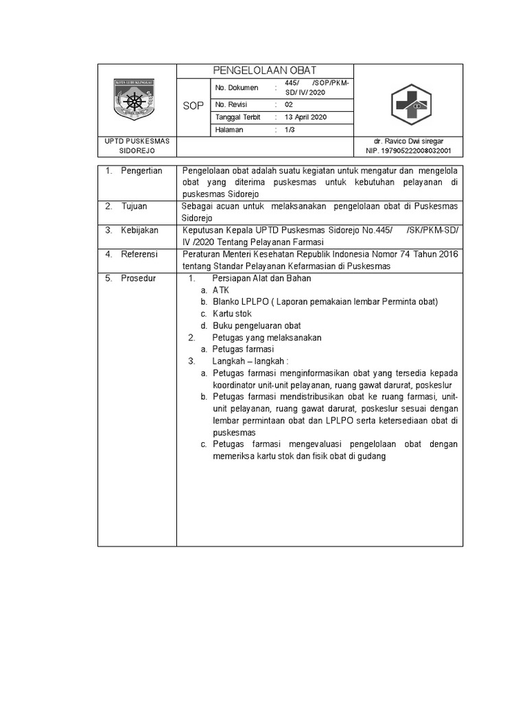 Standar Operasional Prosedur Pengelolaan Obat Di Puskesmas Sidorejo Pdf
