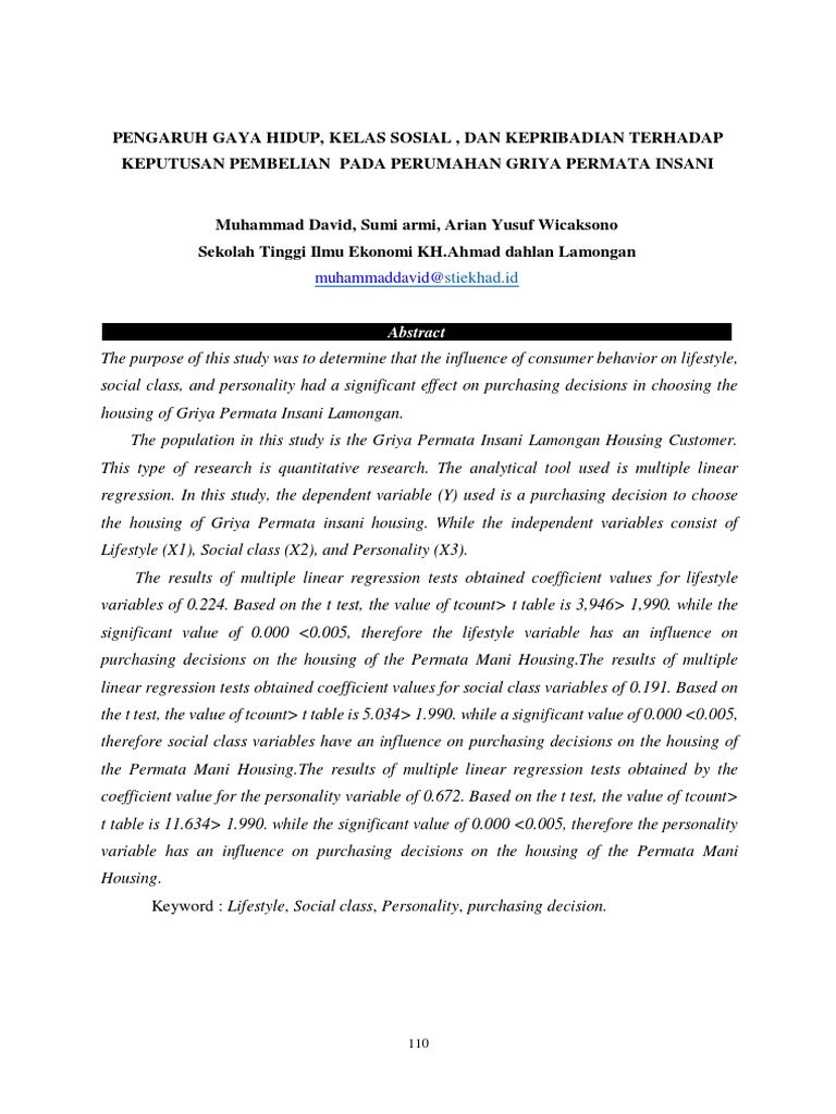 Pengaruh Gaya Hidup, Kelas Sosial, Dan Kepribadian Terhadap Keputusan Pembelian Pada Perumahan ...