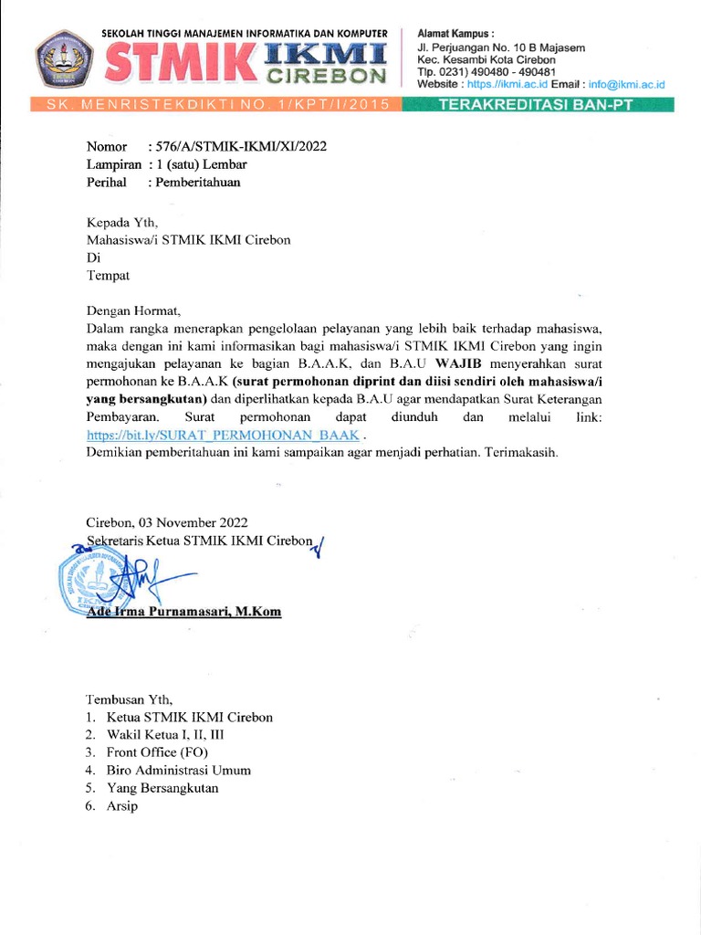 Pemberitahuan Surat Permohonan Baak | PDF