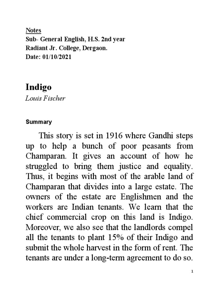 Indigo - Summary and Solved Questions | PDF | Mahatma Gandhi | Civil Disobedience