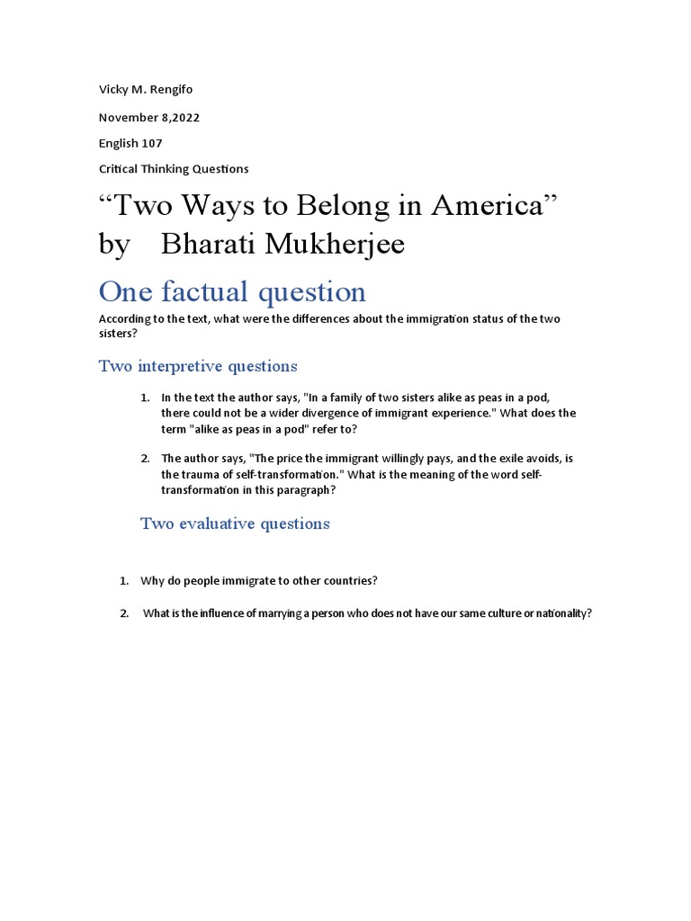 W9 Two Ways To Belong in America Questions | PDF