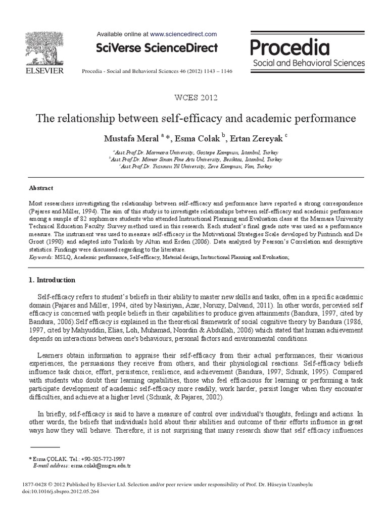 The Relationship Between Self Efficacy and Academic Performance | PDF | Self Efficacy ...