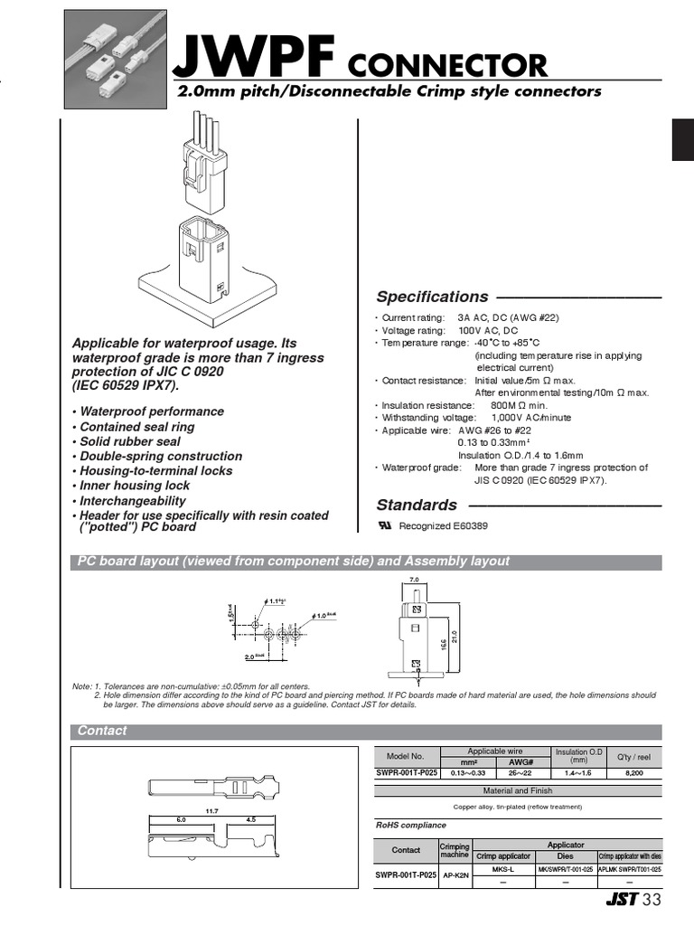 Specification Sheet for JWPF Waterproof Connectors: 2.0mm Pitch ...