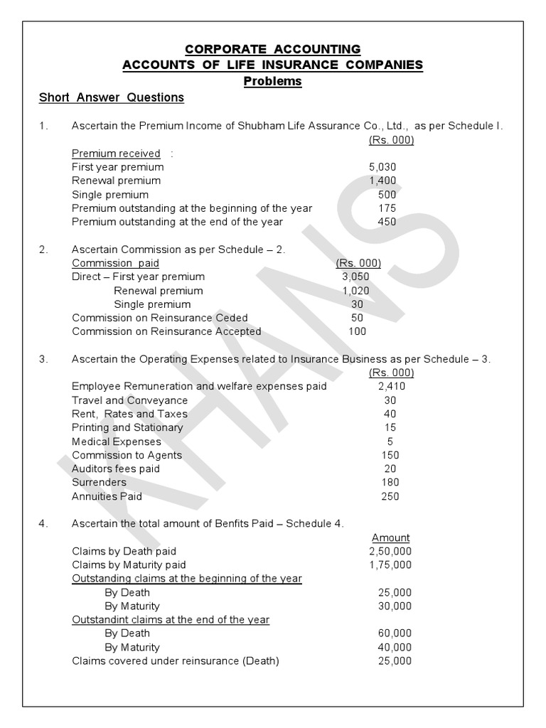 Problems On Accounts Life Insurance Companies | PDF | Life Insurance ...