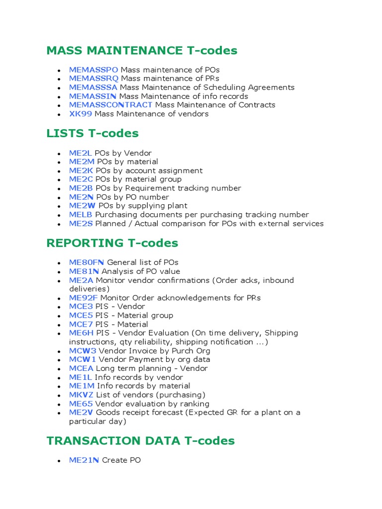 Sap T Codes | PDF | Point Of Sale | Inventory