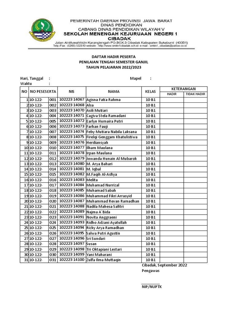 Absen PTS (Print Sesuai Kelas Atau Halaman) | PDF