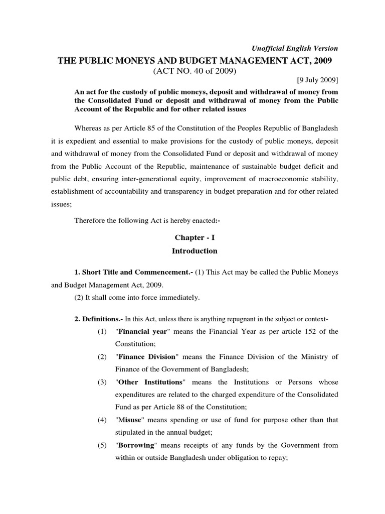 Public Moneys & Budget Act 2009 | PDF | Budget | Debt