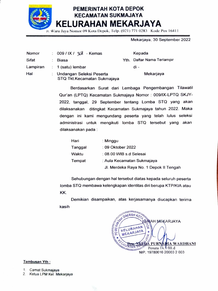 Undangan Seleksi Peserta STQ Kecamatan | PDF