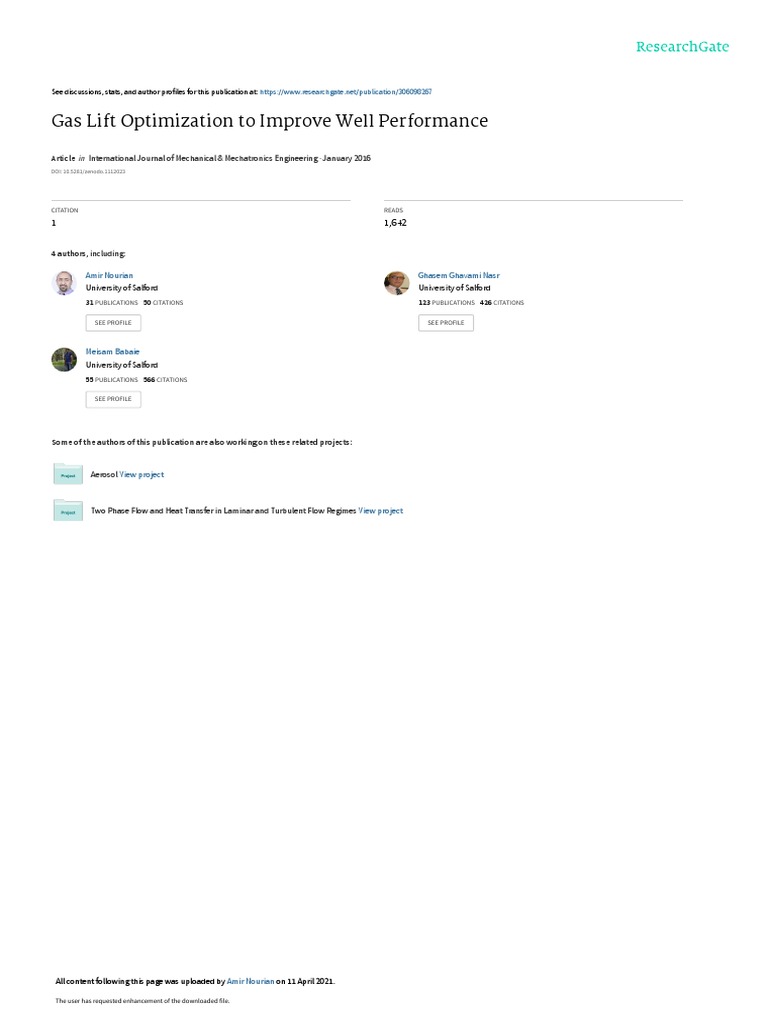 Gas Lift Optimization To Improve Well Performance | PDF | Pressure | Flow Measurement