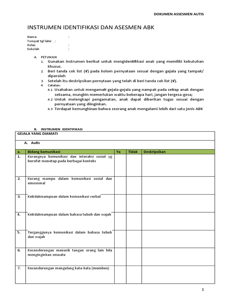 Instrumen Identifikasi Dan Asesmen Abk Autis | PDF | Pengembangan Diri