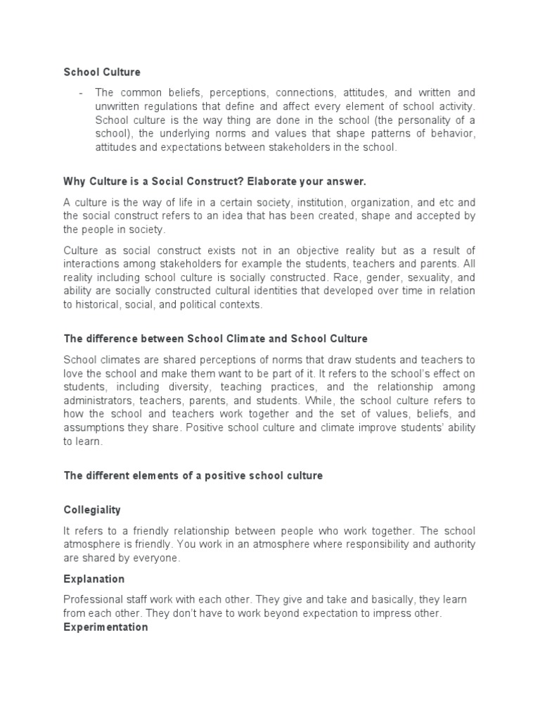 School Culture NOTES | PDF | Teachers | Psychological Concepts