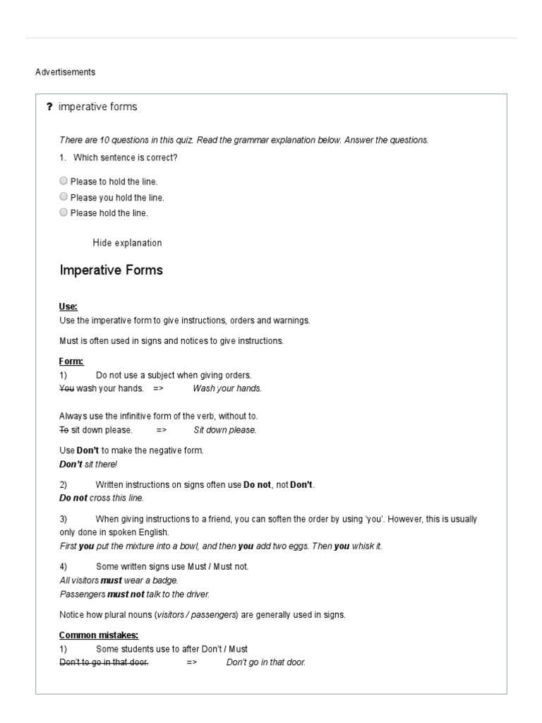 A2 Grammar - Imperative Forms | PDF | Verb | Linguistic Morphology