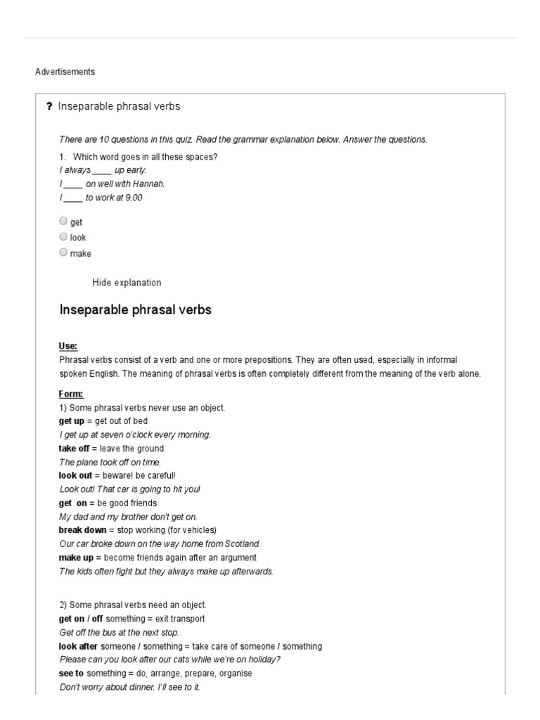 A2 Grammar - Inseparable Phrasal Verbs | PDF | Verb | Cognitive Science
