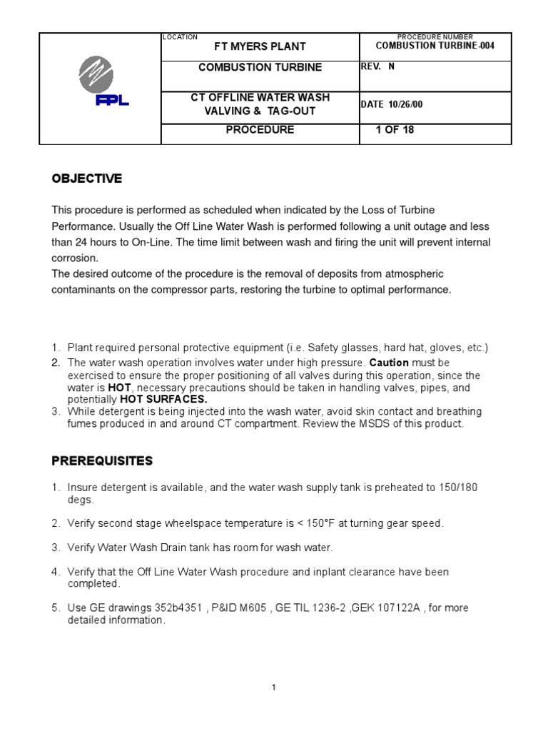 GE Frame 7FA Gas Turbine OffLine Water Wash Procedure | Download Free PDF | Valve | Gas Compressor