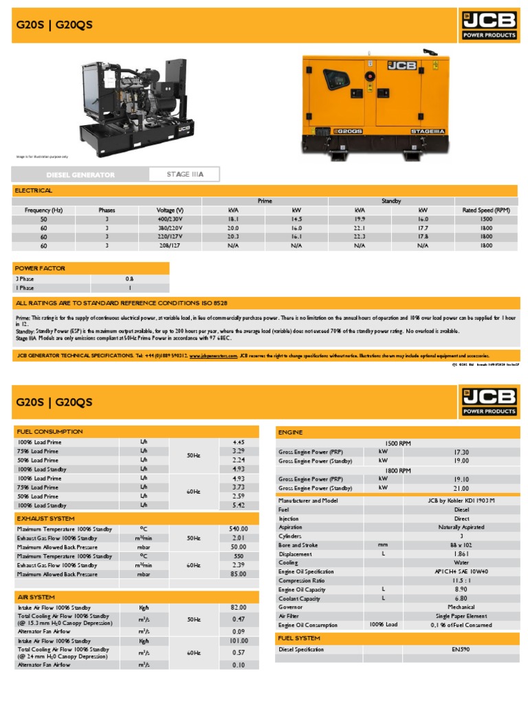JCB G20QS Generator Specifications | PDF | Electrical Engineering ...