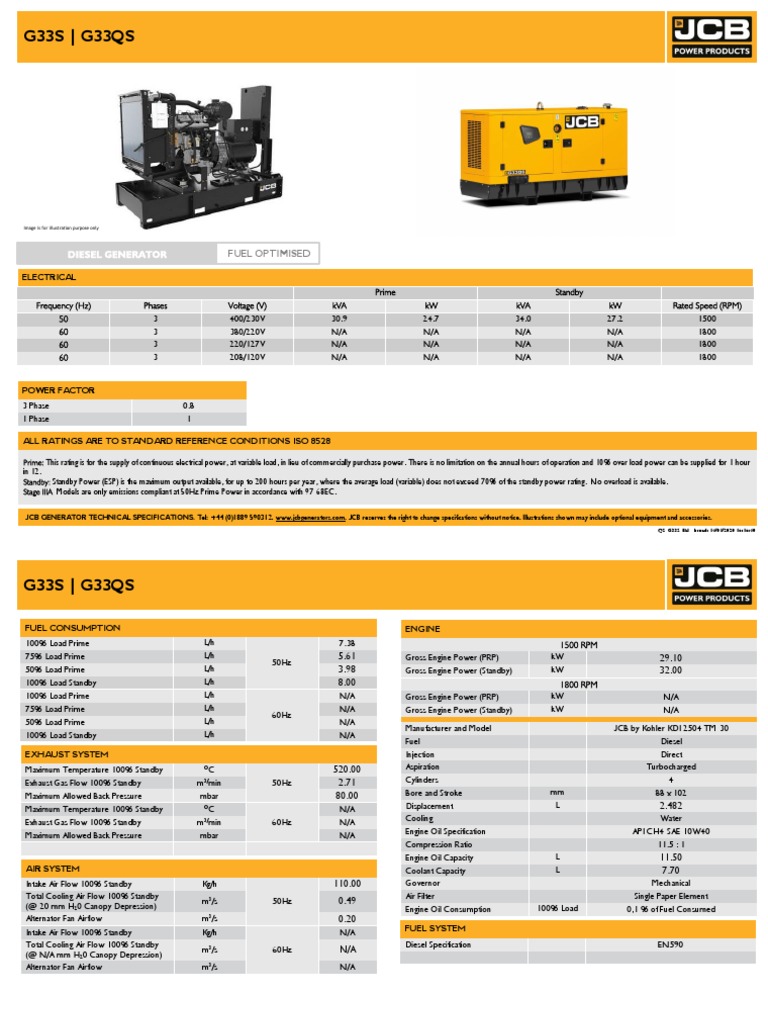 JCB G33S/G33QS Generator Specs | PDF | Mechanical Engineering | Machines