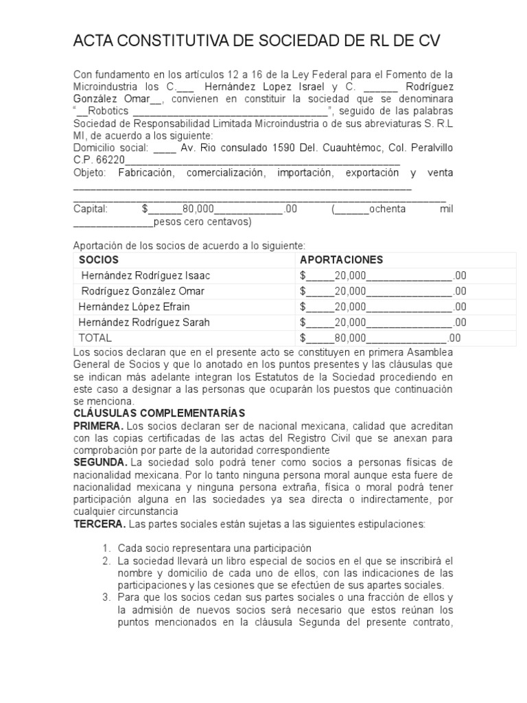 Acta Constitutiva De Sociedad De Rl De Cv Descargar Gratis Pdf Sociedad De Responsabilidad