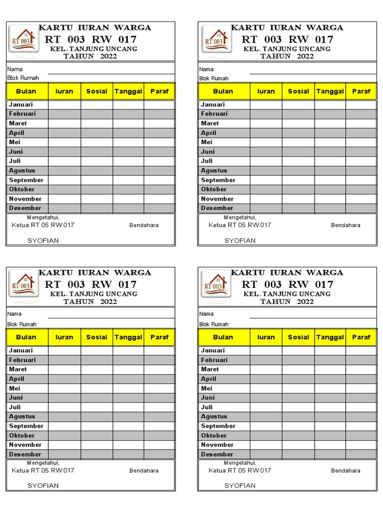 Kartu Iuran Warga RT 003 RW 017 Tahun 2022 | PDF