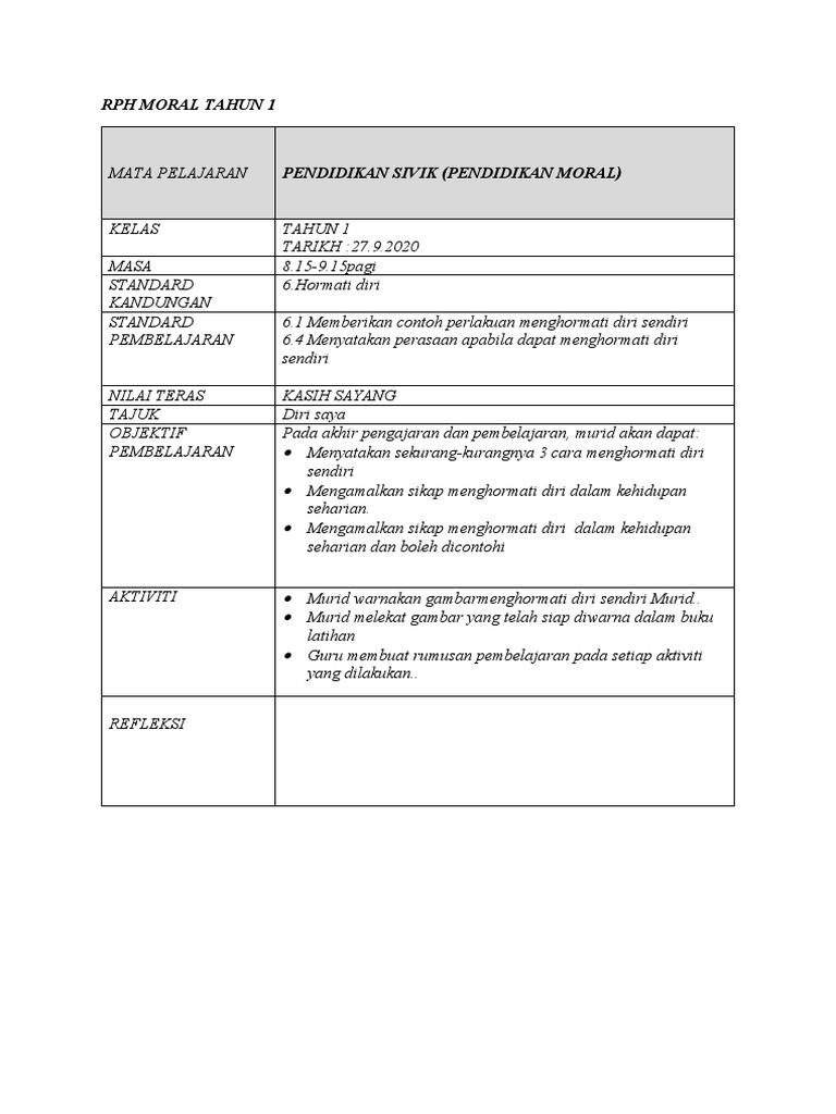RPH Moral Tahun 1 | PDF