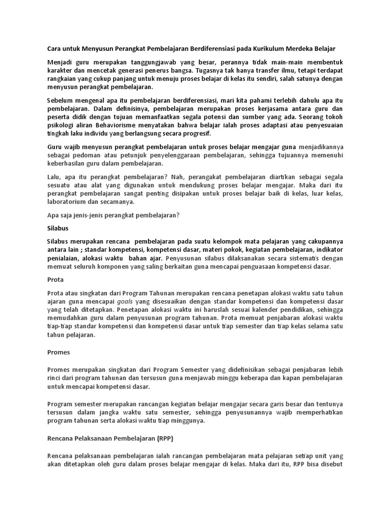 Cara Untuk Menyusun Perangkat Pembelajaran Berdiferensiasi Pada Kurikulum Merdeka Belajar | PDF ...