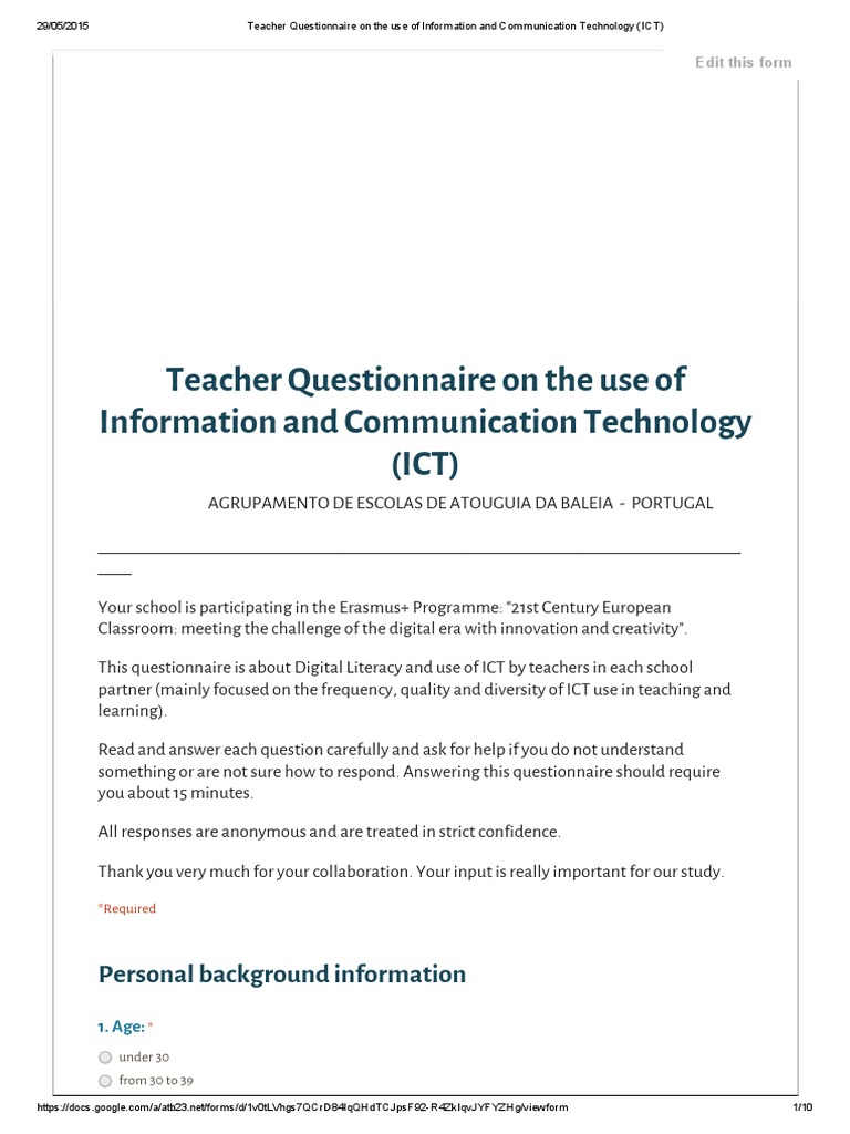 Teachers - Questionnaire On The Use of Ict | PDF | Educational ...