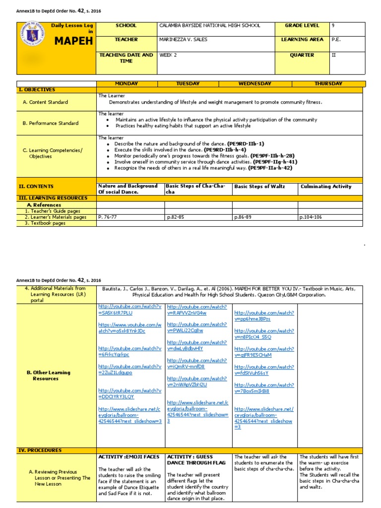 Grade 9 PE Lesson Plan: Social Dance | PDF | Ballroom Dance | Physical ...