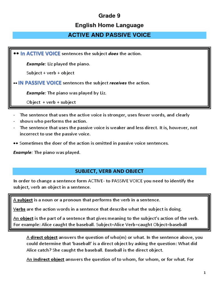 Active and Passive Voice Worksheet and Notes | PDF | Subject (Grammar ...