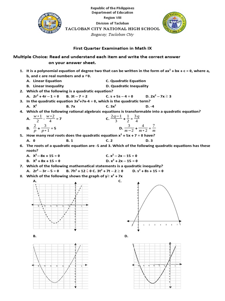Pre-Assessment in Module 1 | Download Free PDF | Equations | Quadratic ...