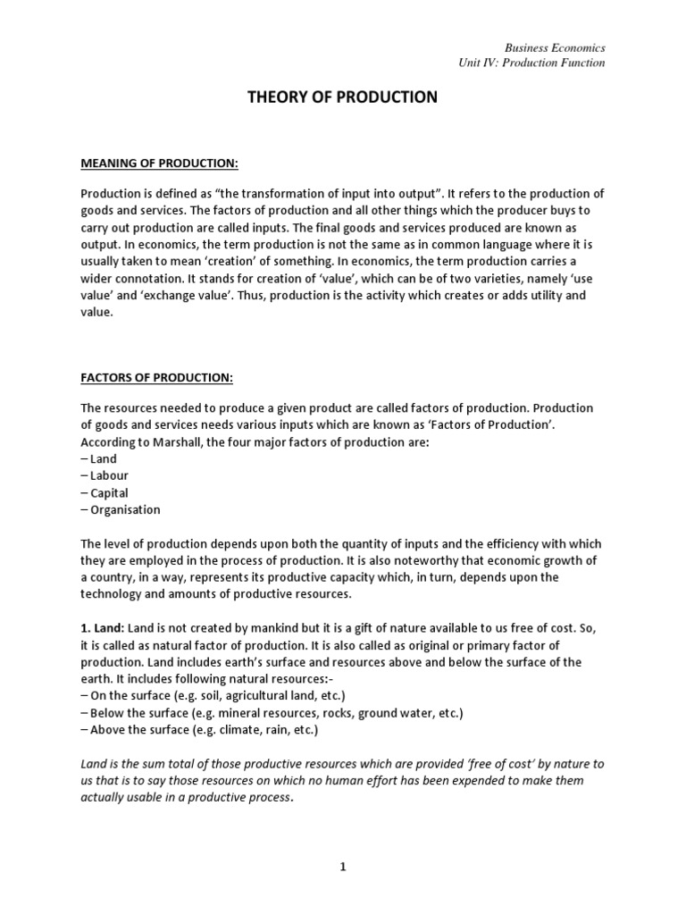 Unit 4 Theory Of Production Pdf Production Function Factors Of