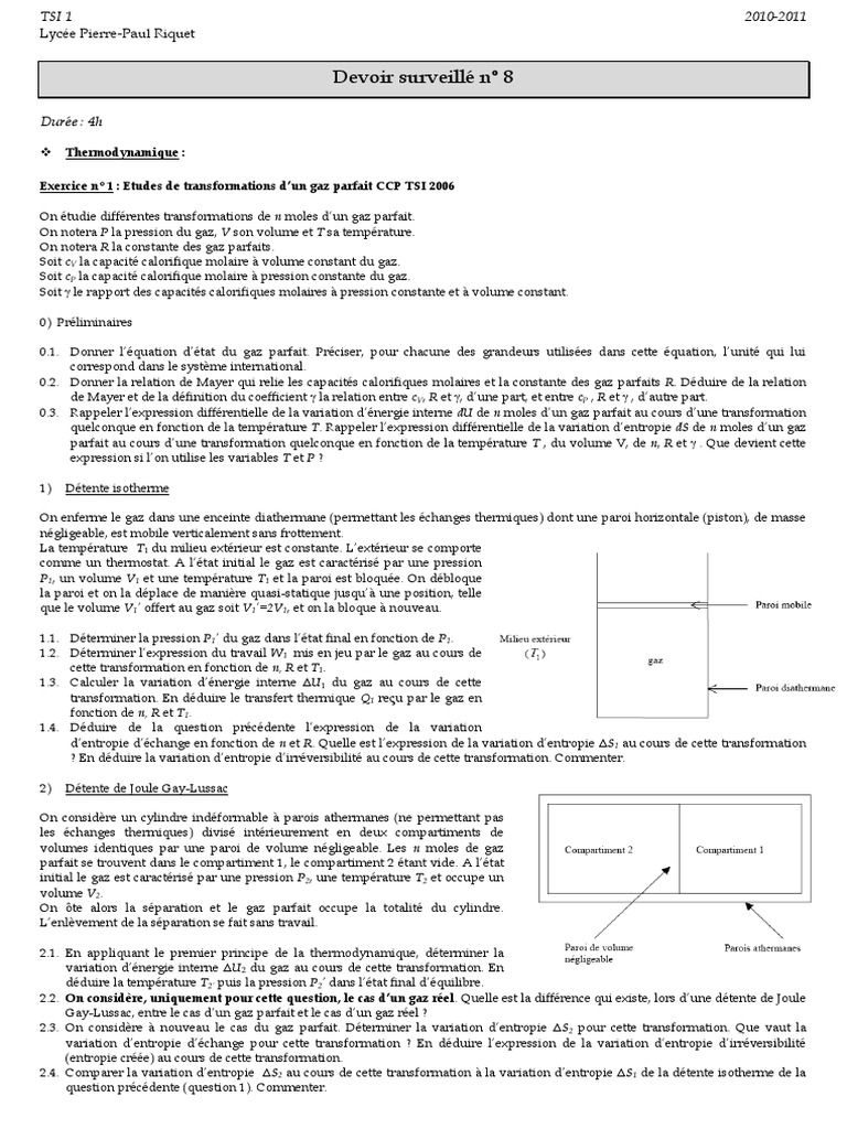 Transformations de gaz parfaits en TSI | PDF | Capacité thermique ...
