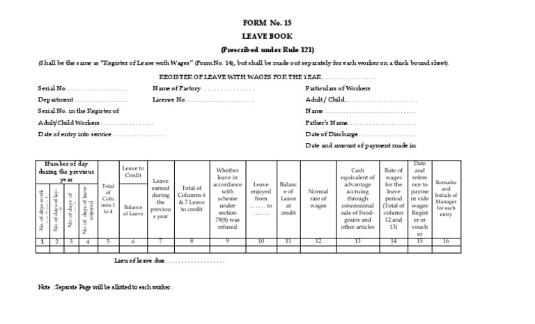 None - FORM 15 - Leave Book - REGISTER OF LEAVE WITH WAGES | PDF | Wage ...