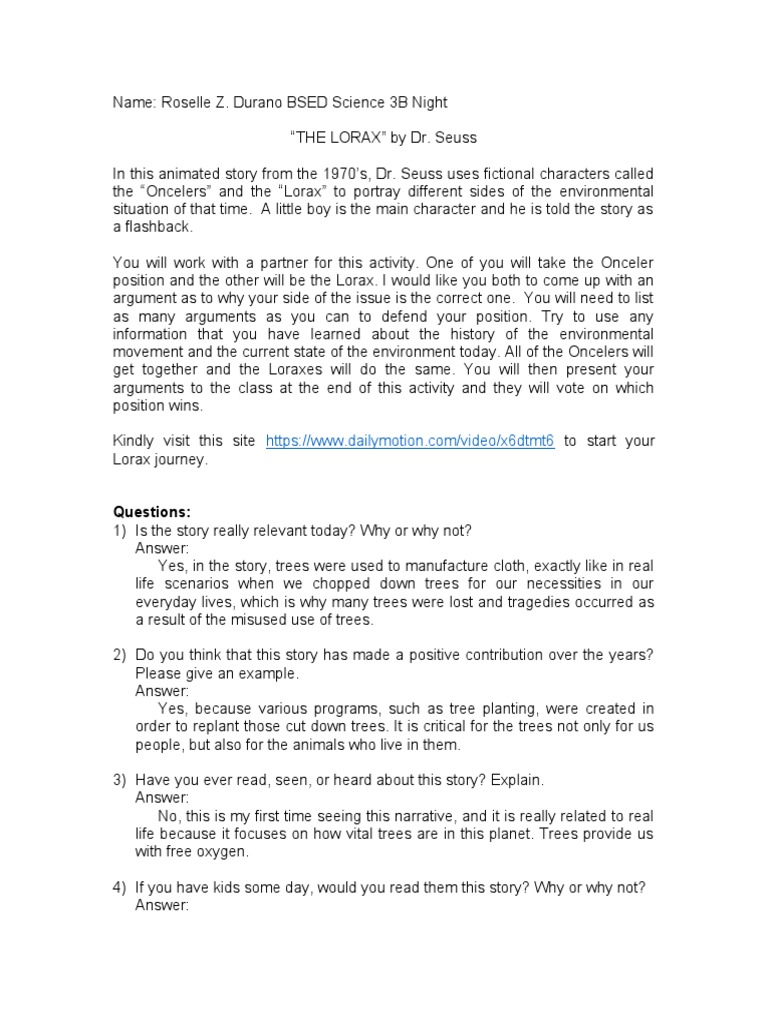THE LORAX by Dr. Seuss Activity | PDF | Science & Mathematics