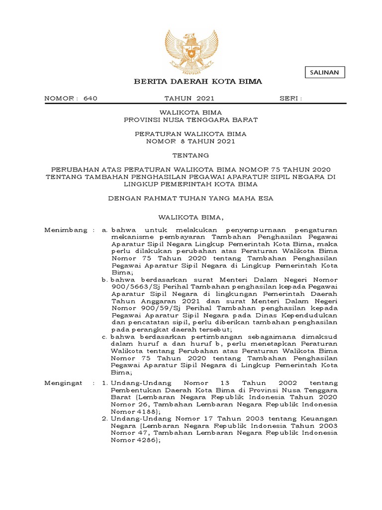 Salinan Perwali Kota Bima Nomor 8 Tahun 2021 | PDF