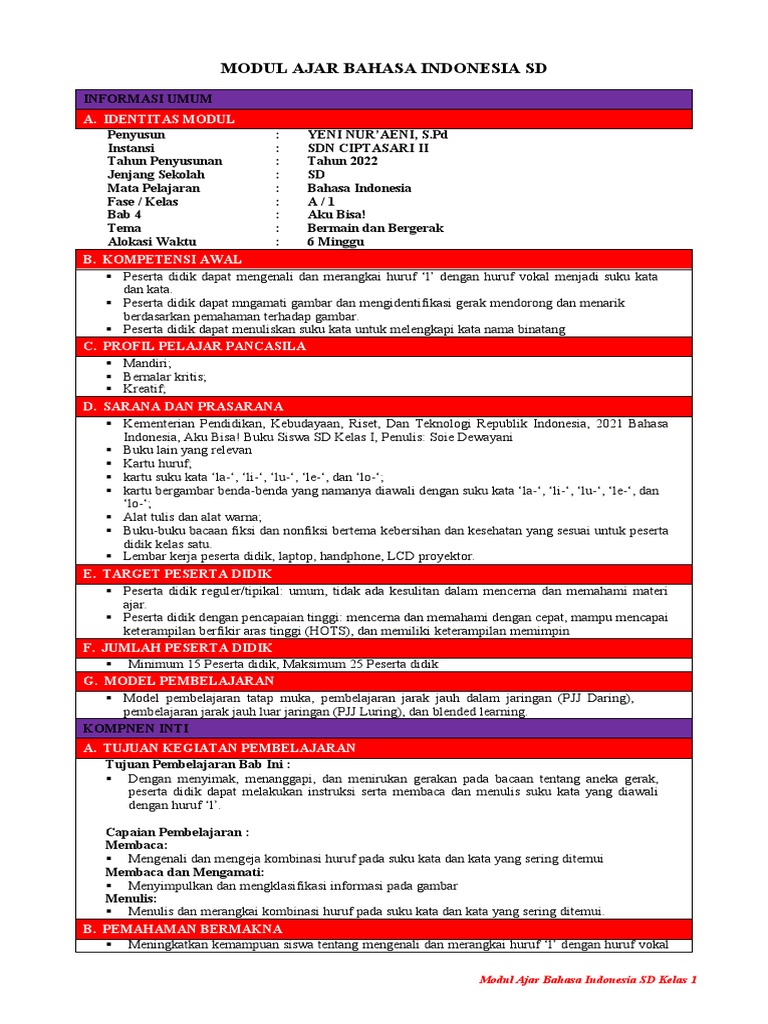 RPP KLS 1 K-Merdeka Bab 4 | PDF