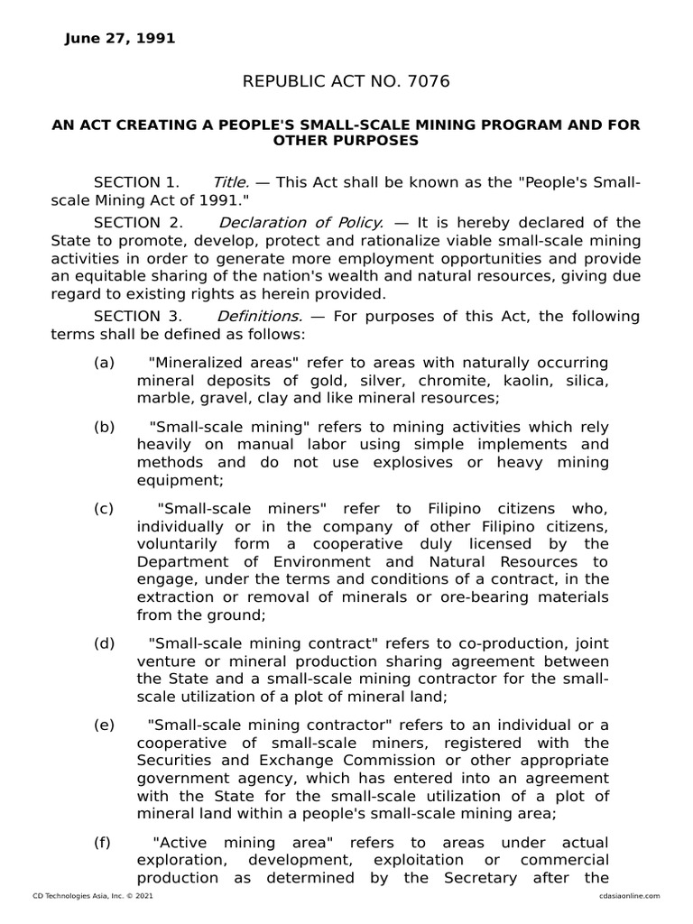 Republic Act No. 7076 | PDF | Mining | Royalty Payment