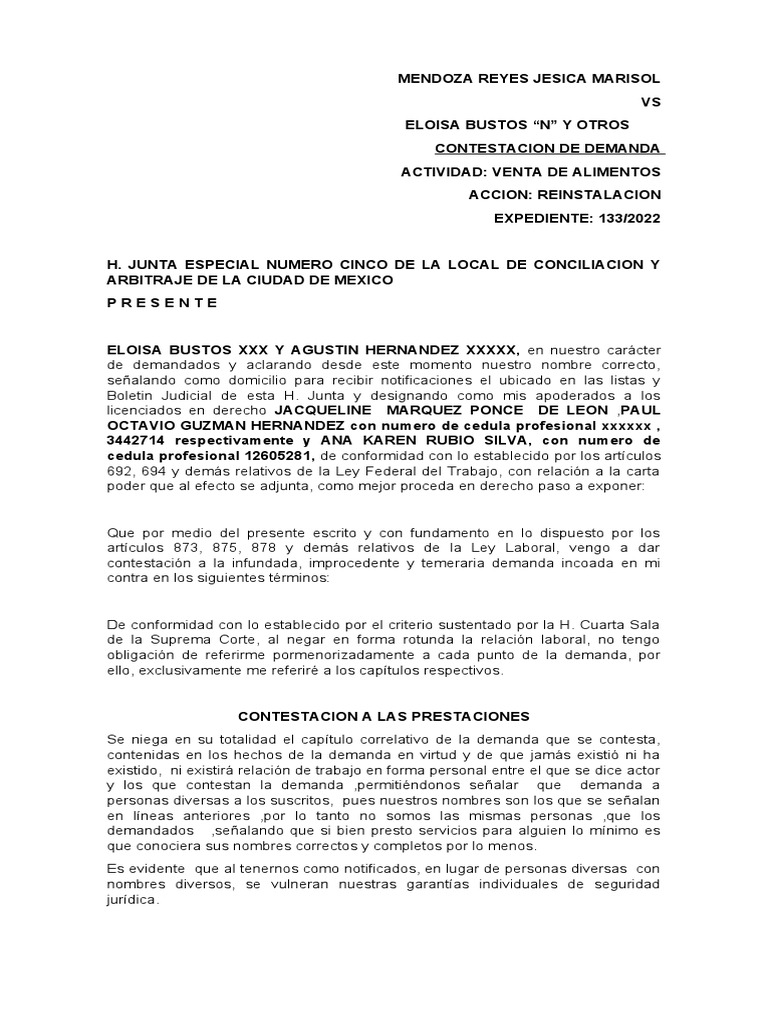 Contestación a Demanda Laboral 133/2022 | PDF | Justicia | Crimen y ...