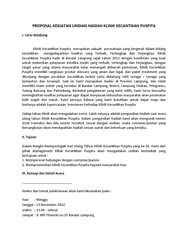 Proposal Kegiatan Undian Hadiah Klinik Kecantikan Puspita | PDF | Bisnis