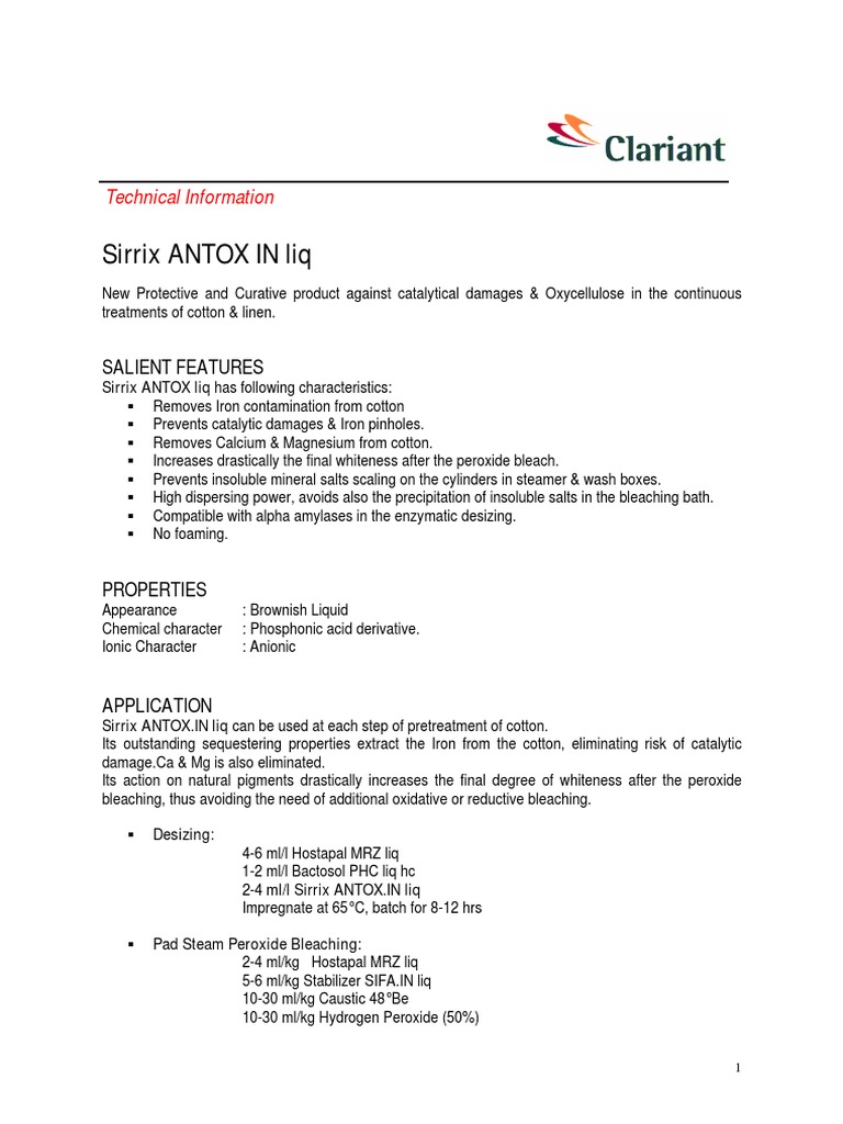 Sirrix ANTOX - in Liq | PDF | Bleach | Hydrogen Peroxide