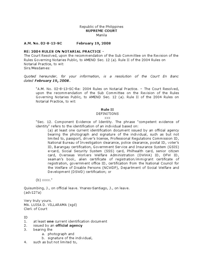 Amendments to the 2004 Rules on Notarial Practice Regarding the Definition of Component Evidence ...